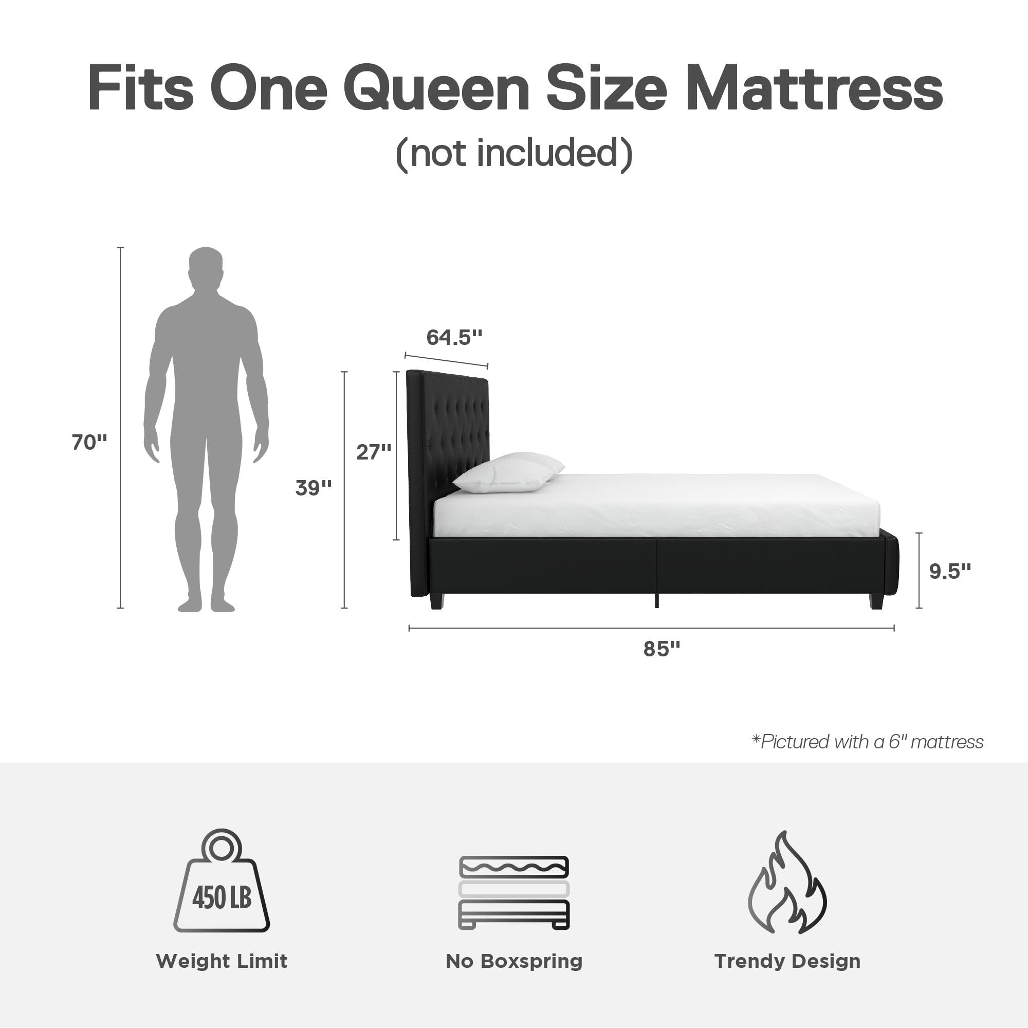 DHP Dakota Upholstered Platform Bed with Diamond Button Tufted Headboard and Footboard, No Box Spring Needed, Queen, Black Faux Leather