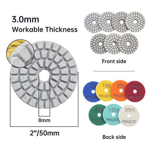 FINGLEE DT 2 Inch Diamond Polishing Pads with 7Pcs Dry Wet Granite Stone Polish Pad Kit for Drill,50-3000 Grit Polishing Pad (7Pcs Dry/Wet Pads+1 Drill Adapter)