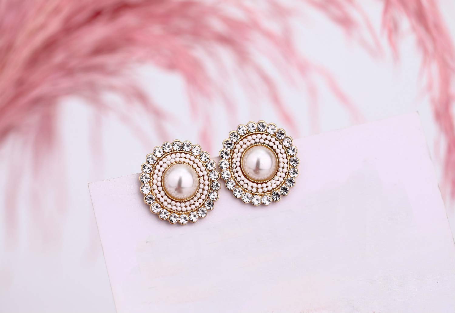 Cream Dome Big Pearl Stud Earrings, Crystals Rhinestones Art Vintage Earrings with Wedding Style