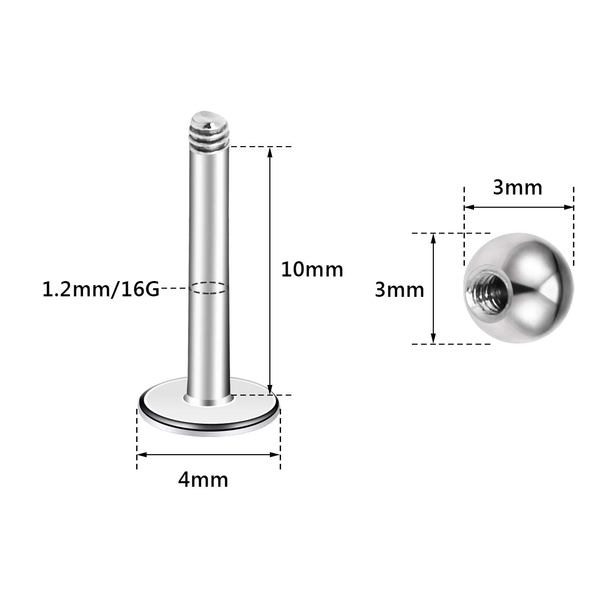 CrazyPiercing 10PCS 16G Stainless Steel 3mm Ball Labret Monroe Lip Ring/Tragus/Helix Earring Stud Barbell Body Piercing Jewelry (8mm)