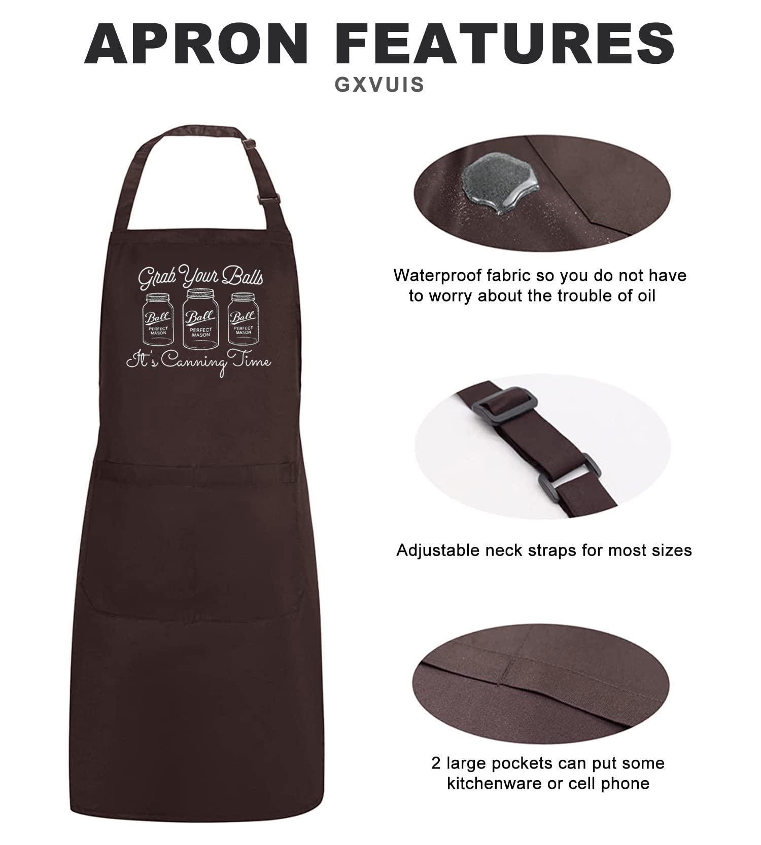 GXVUIS Grab Your Balls It's Canning Time Aprons for Women with 2 Pockets Waterproof Adjustable Bib Kitchen Cooking BBQ Apron Brown