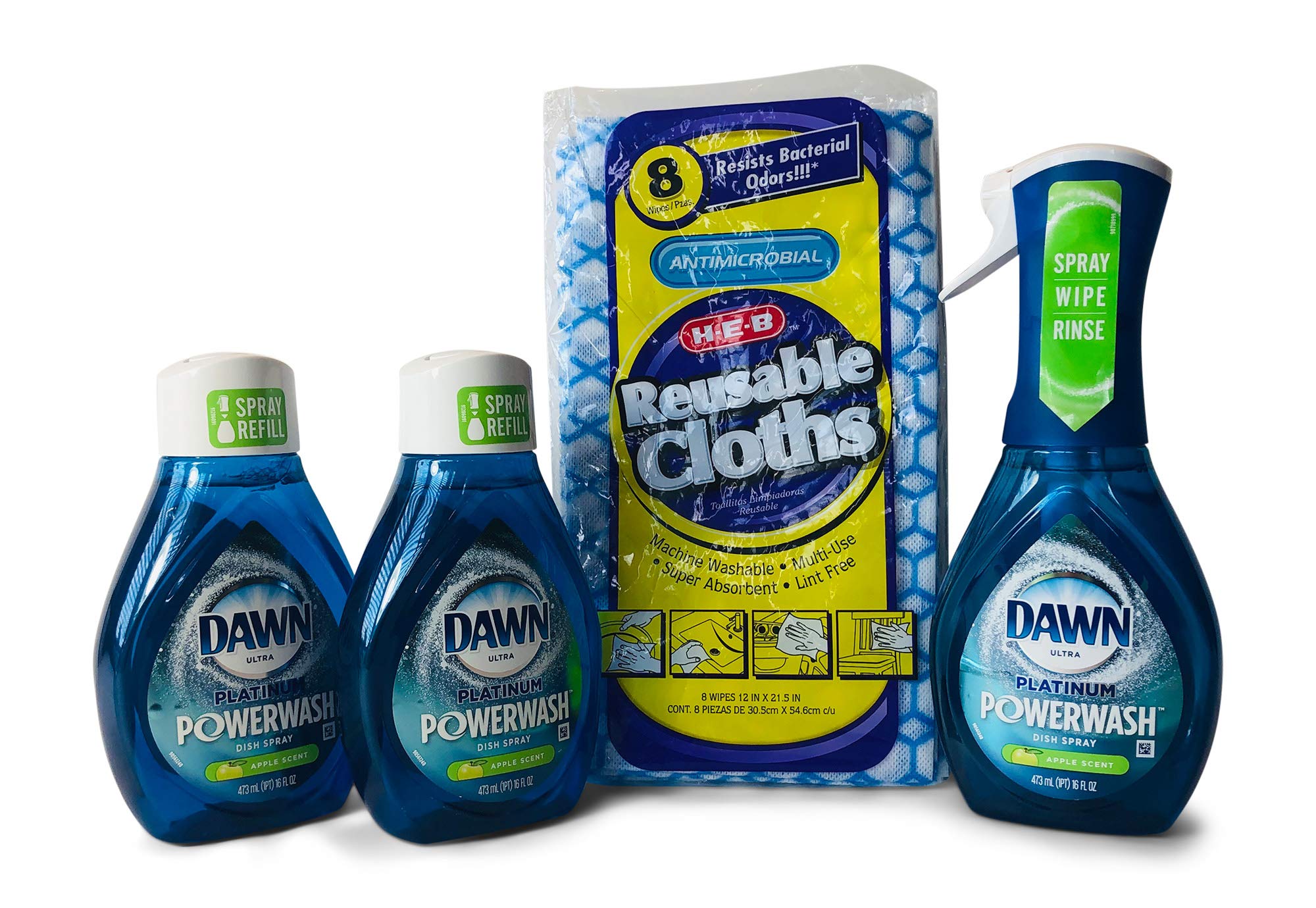 Dawn POWERWASH Apple Scent Bundle: 1 Starter (16oz) + 2 Refills (16oz ea.) + 8 HEB Reusable Cloths
