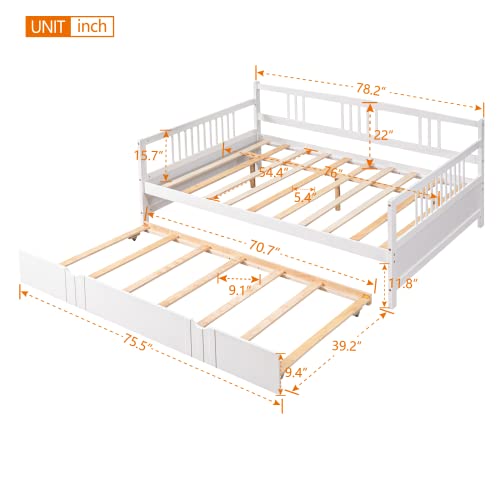Lepfun Full Daybed with Twin Size Trundle, Wood Full Size Bed Frame with Rails in Three Sides, Full Sofa Bed for Living Room, Bedroom, Apartment, Dorm, No Box Spring Needed (Full, White)