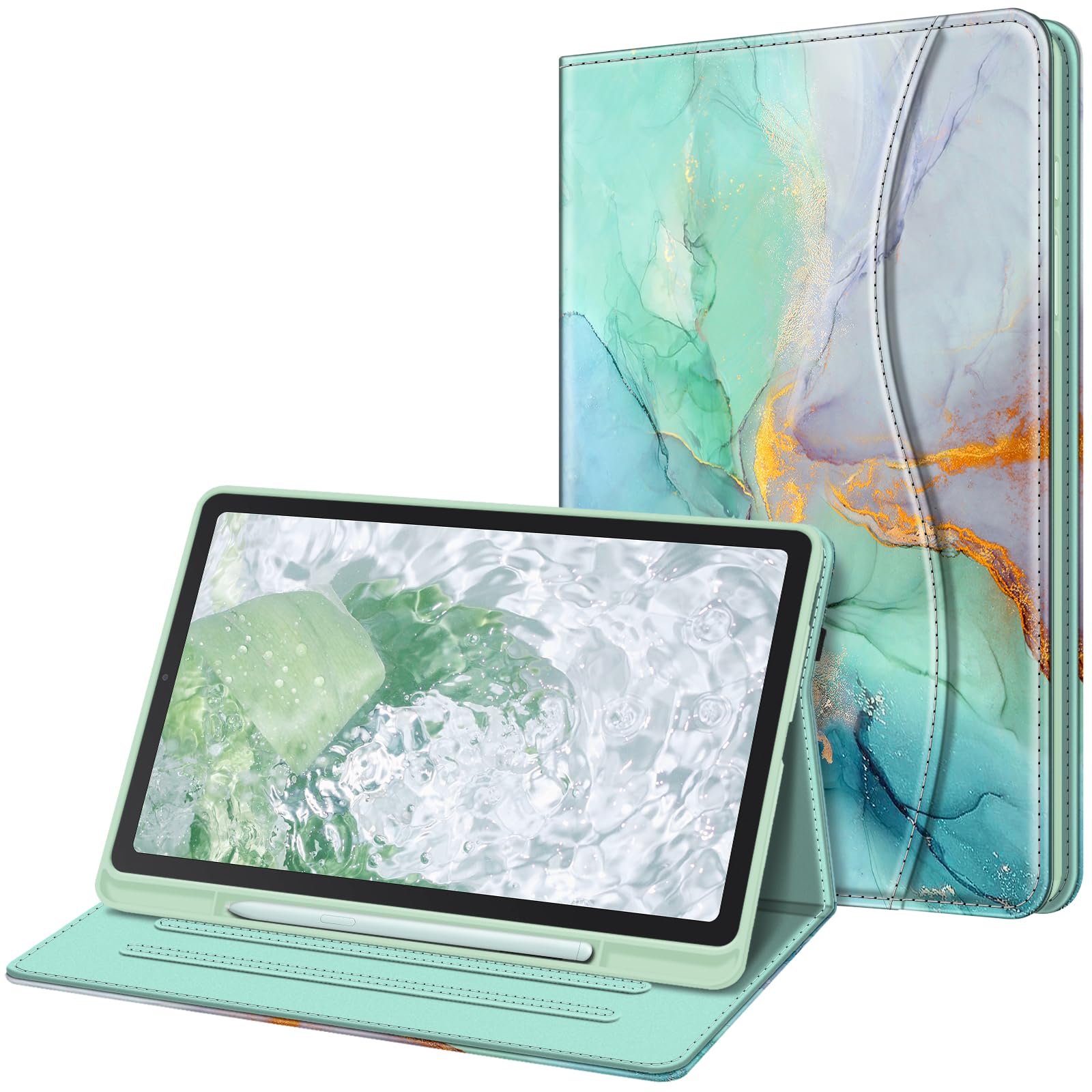 Fintie Case for Samsung Galaxy Tab S6 Lite 10.4 Inch 2024/2022/2020 with S Pen Holder, Multi-Angle Viewing Soft TPU Back Cover with Pocket Auto Wake/Sleep, Emerald Marble