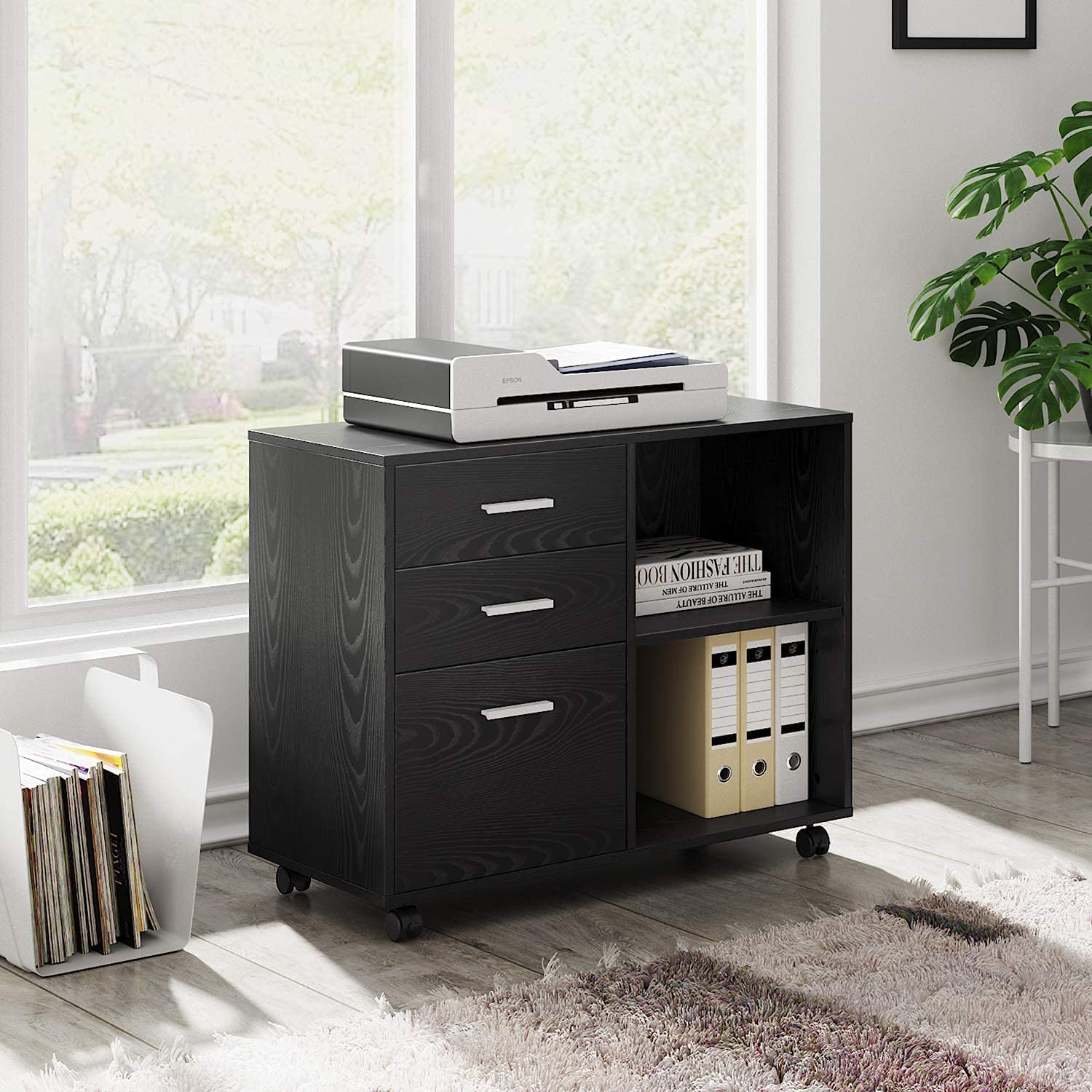 DEVAISE 3-Drawer Wood File Cabinet, Mobile Lateral Filing Cabinet, Printer Stand with Open Storage Shelves for Home Office, Classic Black