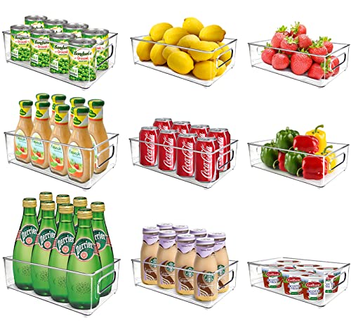 UCHIHA Set of 9 Refrigerator Organizer Bins - Clear Stackable Fridge Organizer Plastic Storage Bins for Freezer, Kitchen, Countertops, Cabinets - Pantry Organization and Storage Bins, Transparent