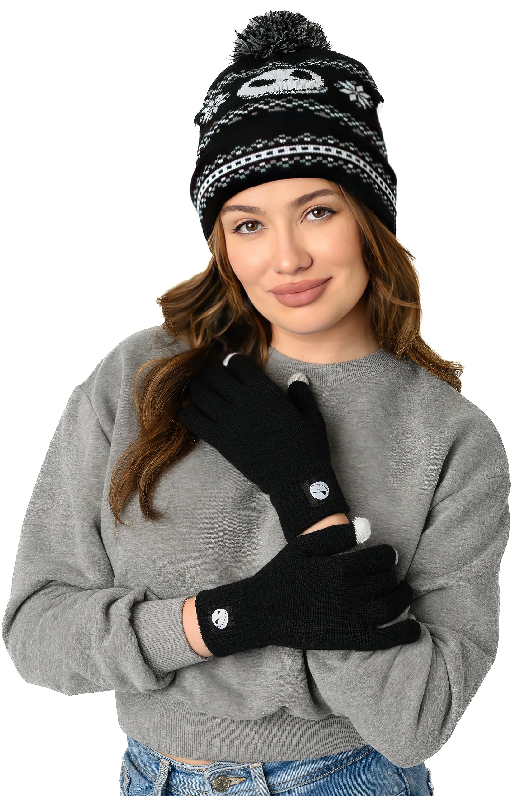 Disney Jack Skellington Womens Knit Beanie Hat and Texting Glove Set (Black)