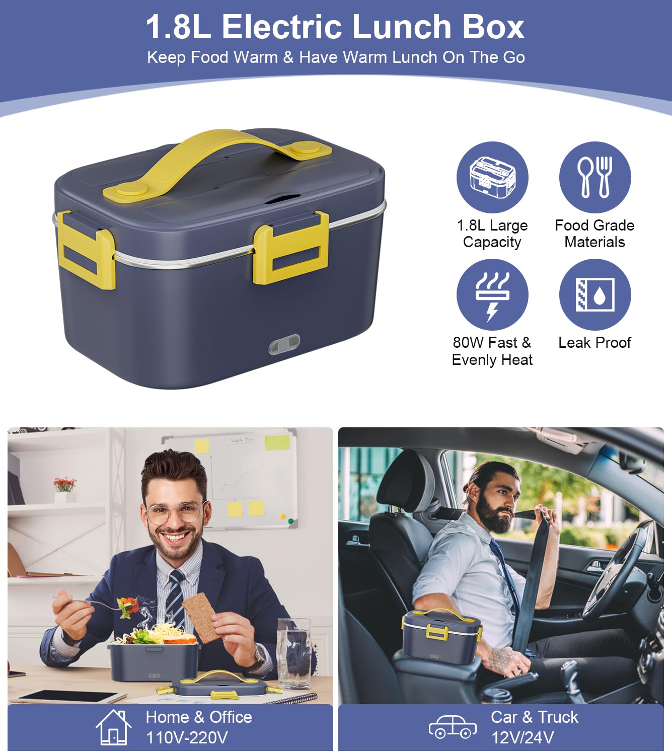 Dicorain Electric Lunch Box, 80w 1.8L Heated Lunch Box for Truck/Car/Office/Home/Work, 12/24/110v 3 In 1 Portable Food Warmer Lunch Box with Removable SS Container, Fork & Spoon (Dark Blue)