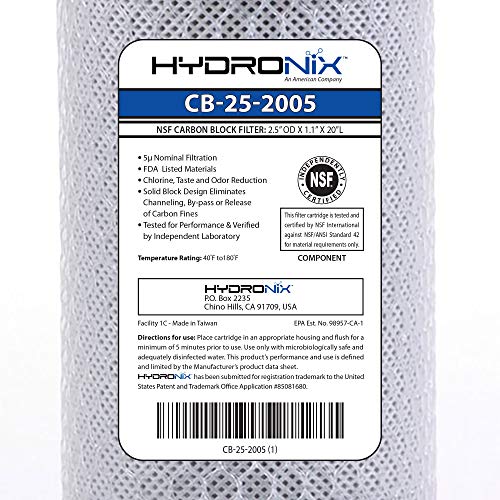 Hydronix HX-CB-25-2005/3 Universal NSF Coconut Activated Carbon Block Water Filter, 2.5" x 20"-5 Micron, 1 Count (Pack of 3), White