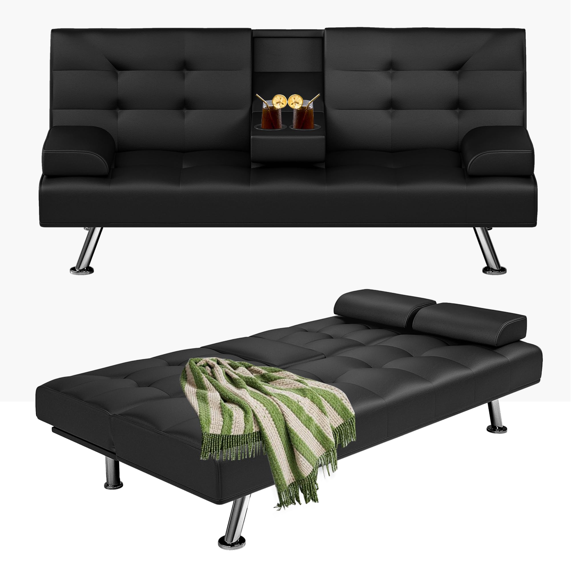 KYLE & KAY Convertible Sofa Bed, Upholstered Comfy Couch with Adjustable Backrest, Modern Sleeper Sofa for Living Room, Bedroom, Office, Apartment, Black