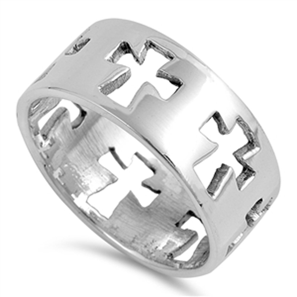 Cutout Cross Eternity Wide Christian Ring .925 Sterling Silver Band Size 9