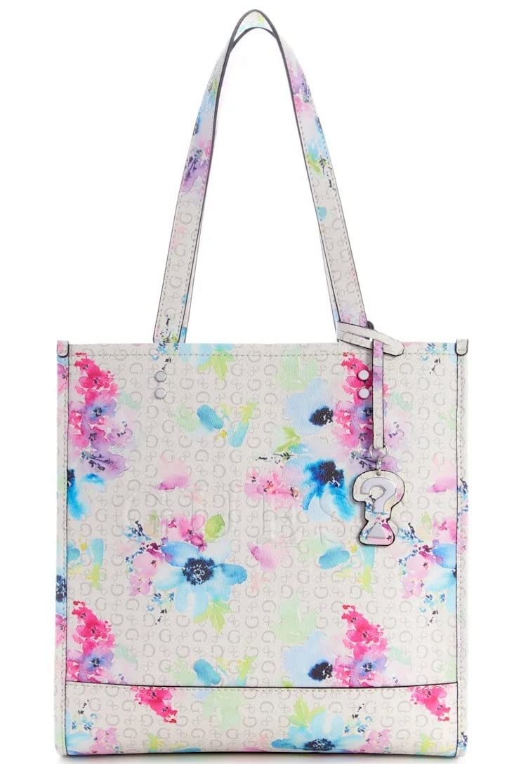 GUESS Women's Lacombe Logo Pink Blue Floral & Logo Print Tote Bag Handbag - White Multi