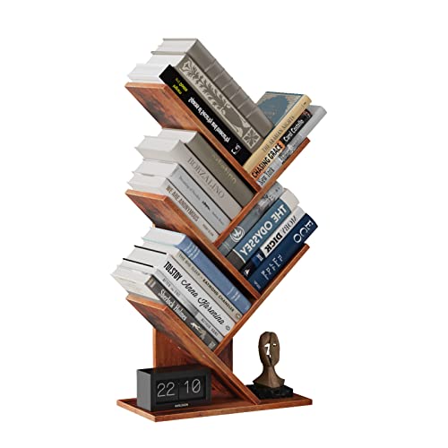 ZRWD Tree Bookshelf, 4-Tier Book Storage Organizer Shelves Floor Standing Bookcase, Wood Storage Rack for Office Home School Shelf Display for Cd/Magazine(Rustic Brown)