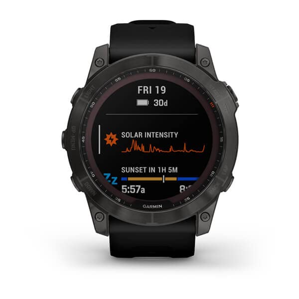 Garmin Fenix 7X Sapphire Solar Edition Smart Watch Carbon Gray DLC Titanium with Black Band + Watch Charging Stand + USB Car/Wall Adapter + More! (010-02541-10)