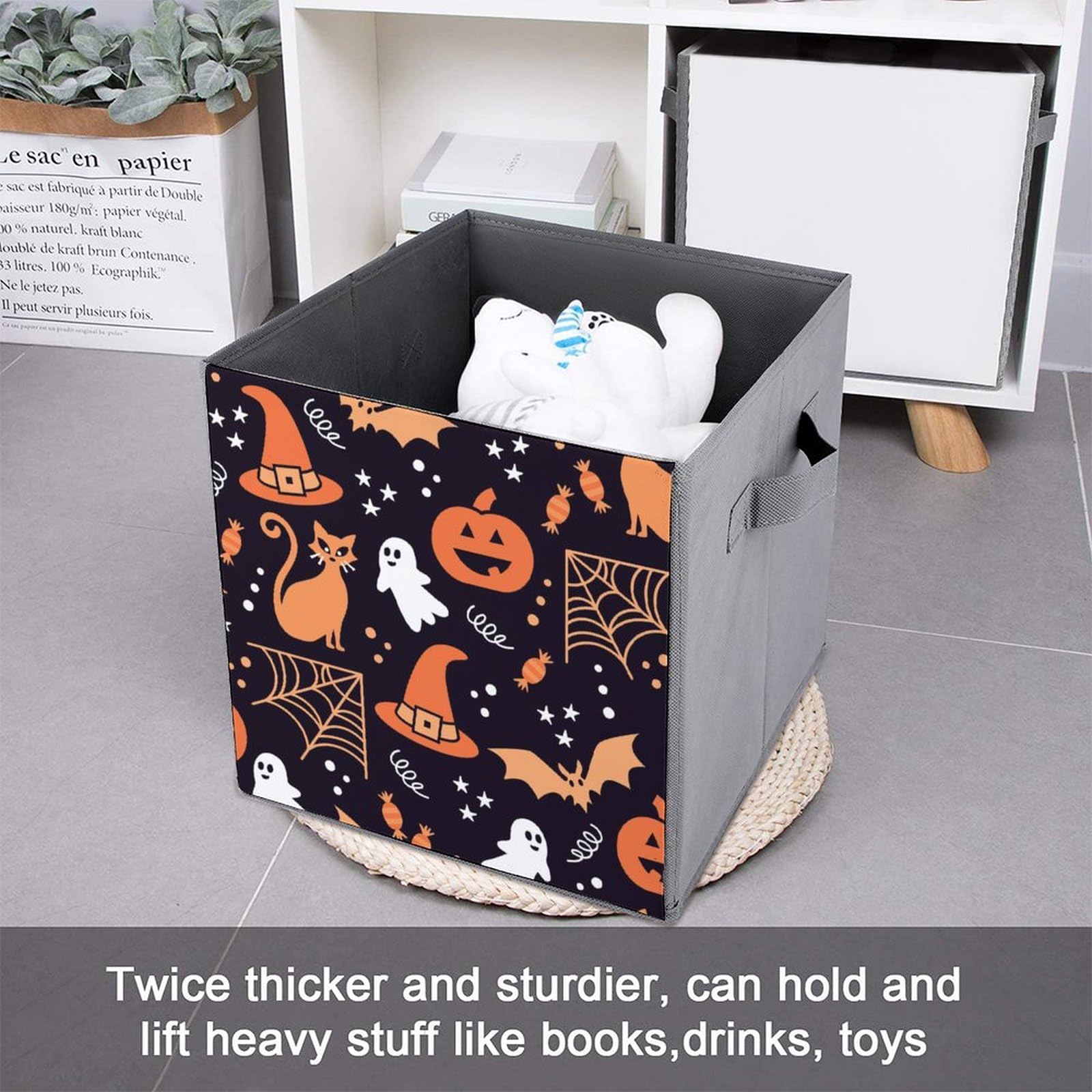 DamTma Halloween Pumpkin Ghost Spider Cube Storage Bin with Handles Foldable Cute Cat Ghost 11 Inch Storage Baskets Toys Organization for Home Room Closet Shelves Set of 2