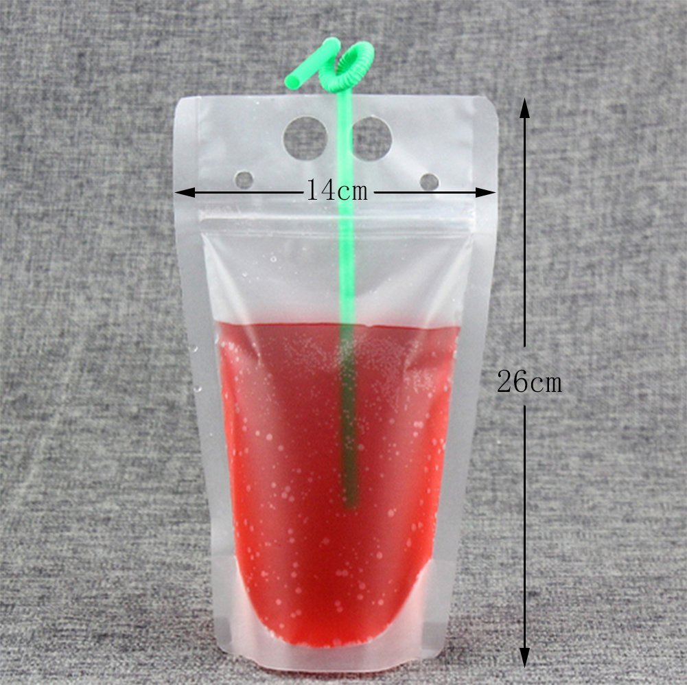 Herdro 100 Pack Clear Drink Pouches Bags with Straws - Reclosable Zipper Stand-up Plastic Pouches Bags Drinking Bags - 9.1" x 5.2"/17 Oz