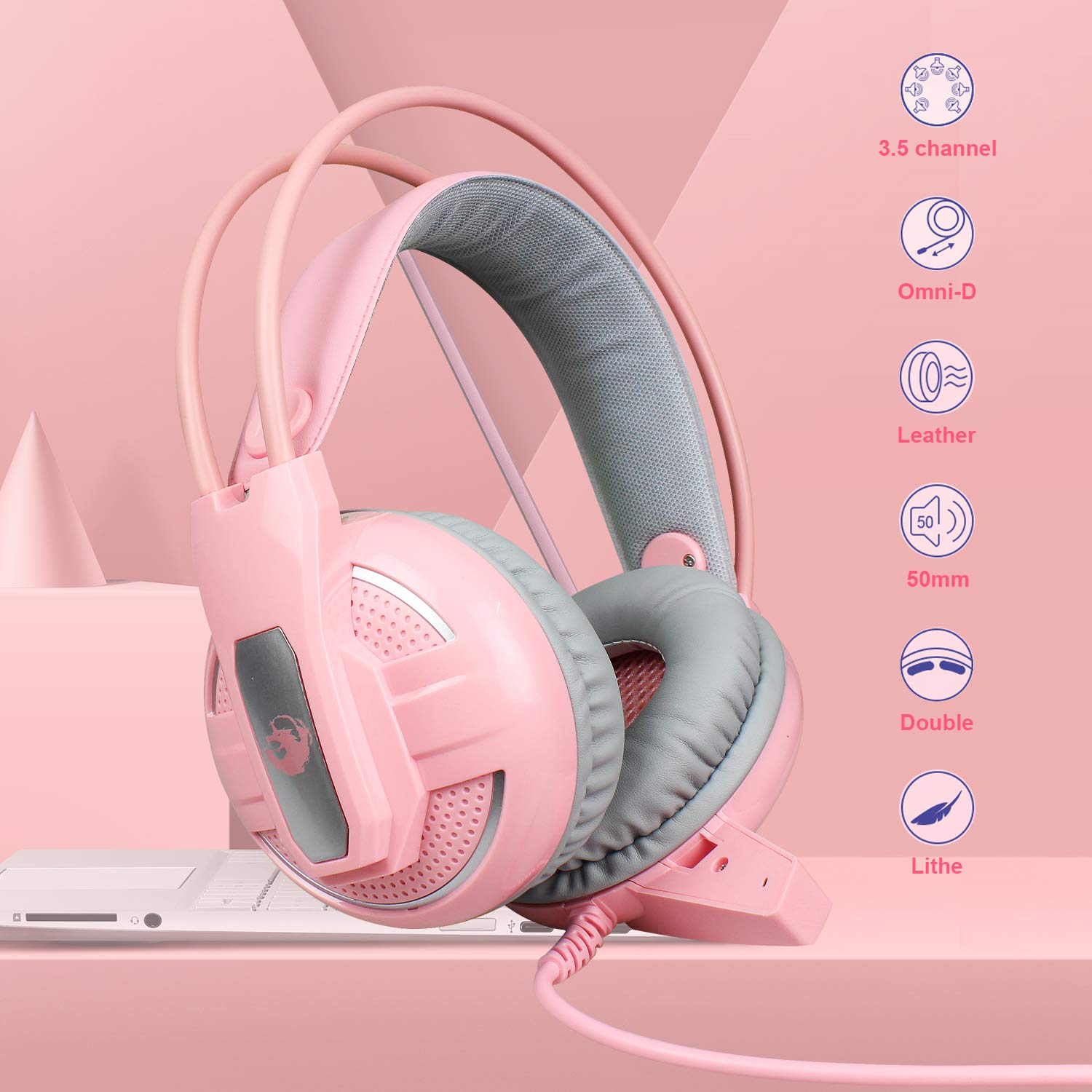 DGG Pink 4-in-1 Gaming Keyboard Mouse Headset Combo, White Led Backlit 104 Keys Ergonomic Gamer Keyboard+4800DPI Adjust Optical Game Mouse+3.5mm Gaming Stereo Headset