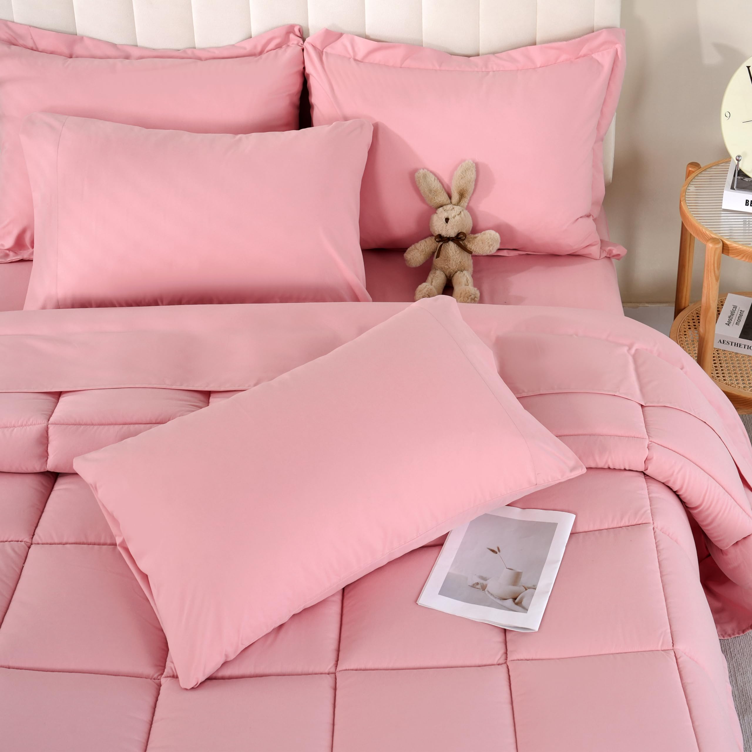 DOWNCOOL Queen Comforter Set, 7 Pieces Bedding Sets Queen Pink, All Season Down Alternative Bed in a Bag Queen with Comforter, Flat Sheet, Fitted Sheet