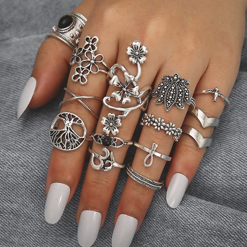 Fashion Ladies Vintage Lotus Openwork Carved Black Gemstone Rings 14 Piece Combination Set (style 1)