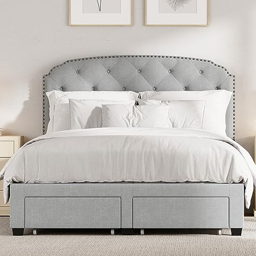 DG Casa Argo Upholstered Panel Bed Frame with Storage Drawers and Diamond Button Tufted Nailhead Trim Headboard, King Size in Platinum Fabric