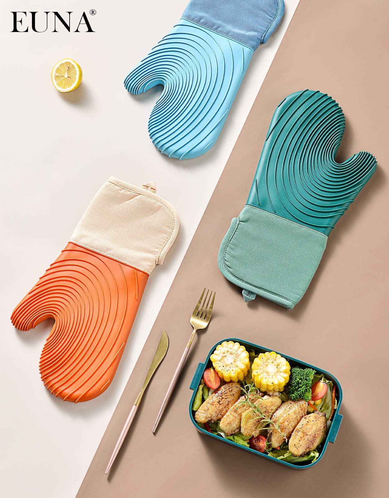 EUNA Silicone Oven Mitts, Heat Resistant Oven Mitts and Pot Holders Sets, Non-Slip Kitchen Mittens with Mini Oven Gloves and Hot Pads, Perfect for Baking Cooking, Quilted Liner, Gift Box, Blue & Azure