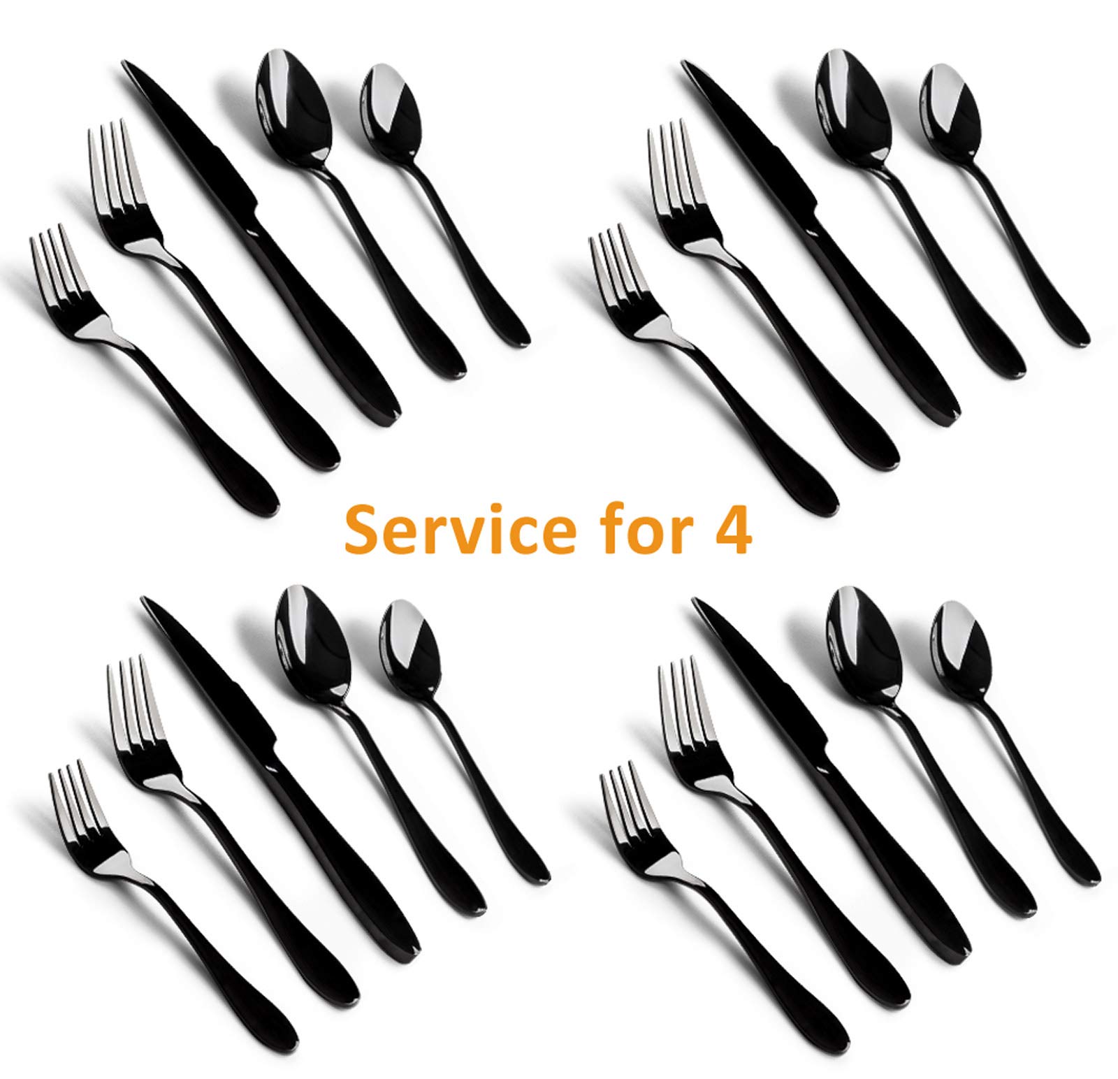 E-far Silverware Set, 20-Piece Black Stainless Steel Flatware Utensil Set, Include Knife/Spoon/Fork, Mirror Polished, Dishwasher Safe - Service for 4
