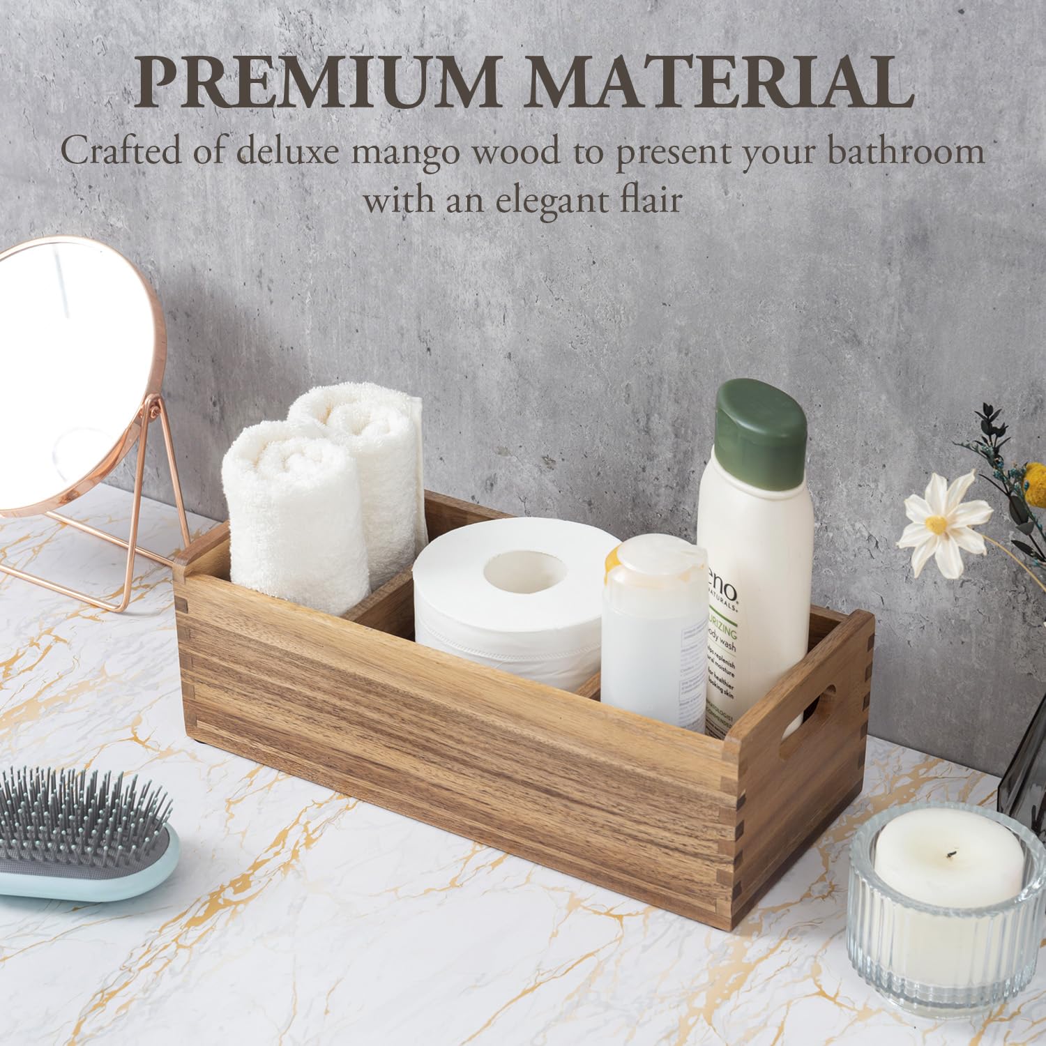 MyGift Modern Bathroom Caddy Rustic Natural Solid Acacia Wood Toiletries Storage Bin and Toilet Paper Roll Holder, Dresser or Vanity Countertop Organizer Basket
