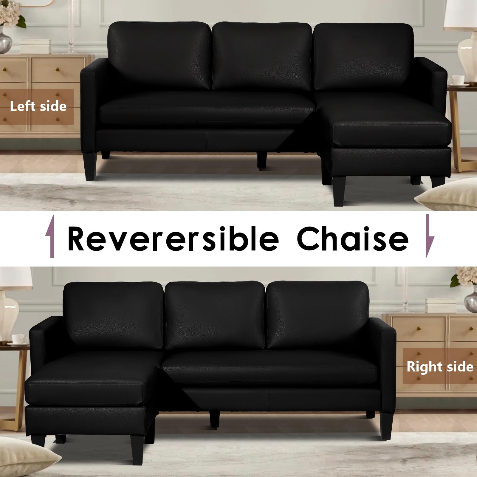 MAGIC UNION Faux Leather Convertible Sectional Couch Sofa L-Shape Sectional Sofa with Chaise Reversible 3-Seat Modern Linen Fabric Small Couches for Living Room,Apartment,Small Space,Office (PU Black)