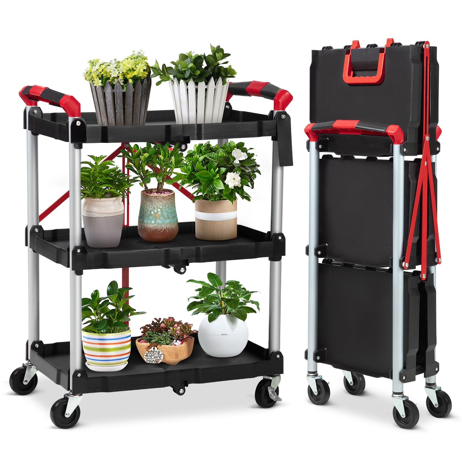 Garvee Mobile Folding Trolley, Portable Service Cart, 3 Tier Utility Cart, Collapsible Utility Carts for Office, Warehouse, and Home, 56 Lbs Load Capacity per Shelf