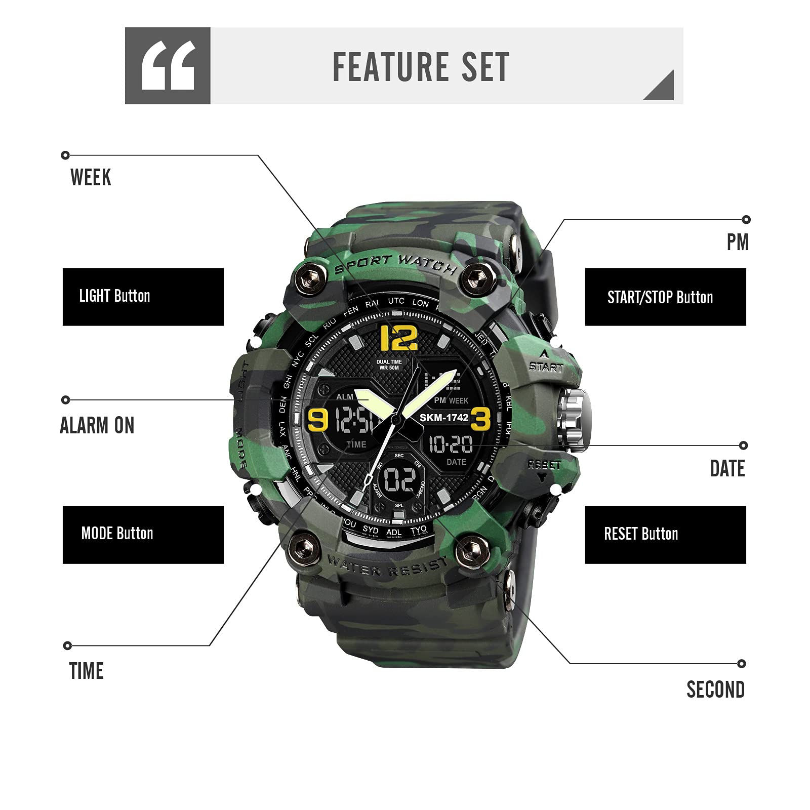 Dayllon Mens Digital Sports Watch 50M Waterproof Military Backlight Stopwatch Countdown Watches 1742 Green