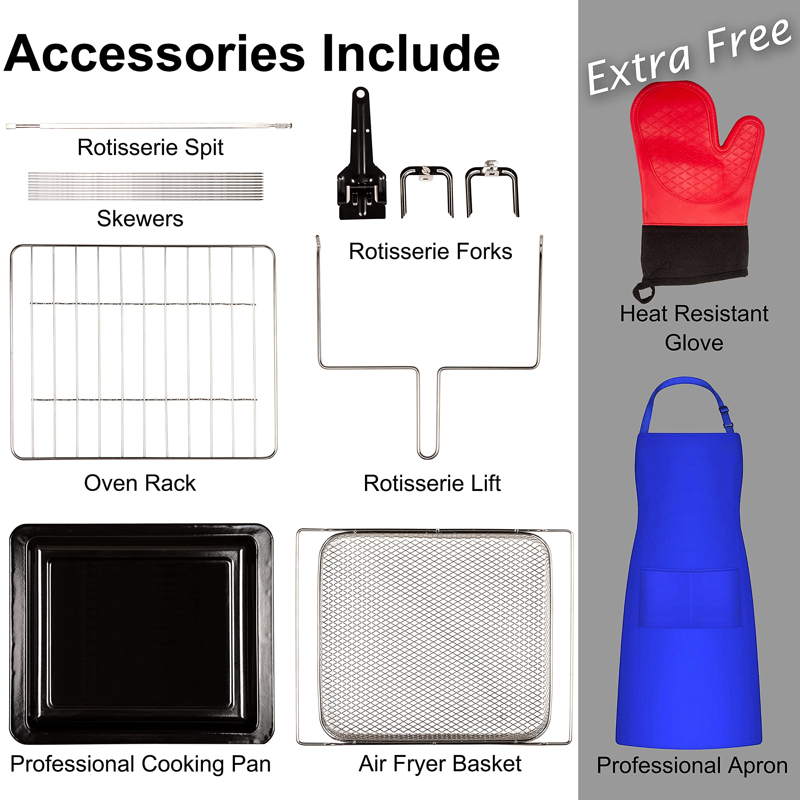 EUROTO Stainless Steel Large Capacity 26.8 QT Air Fryer Oven, 24 in 1 Multi-function, 360 Air Circulation Toaster Oven, LCD digital Display, 4 Layer Shelves, Included Oven Gloves & Apron Up to 450°F