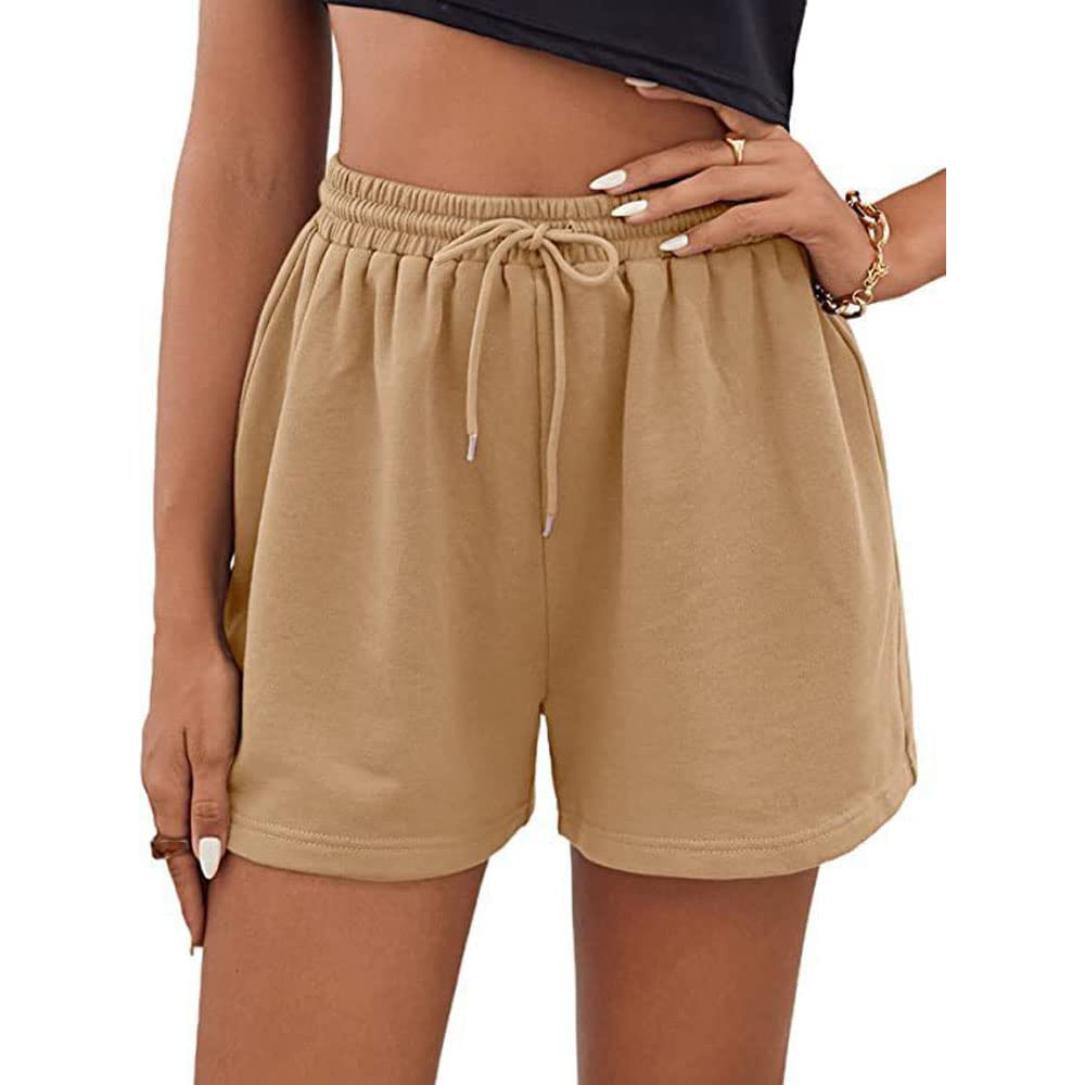Disnxoo Women's Casual Drawstring Waist Sweat Shorts Summer Athletic Shorts Running Track Shorts (as1, Alpha, x_l, Regular, Regular, Khaki, X-Large, Regular)
