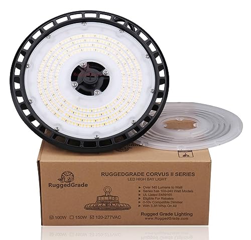 RuggedGrade 100 Watt LED High Bay UFO Corvus Series Lights - with 40w Kono Series Battery Back Up - 14,500 Lumen - 3.3ft Cord - 5000K - DLC Premium 5.1 Optional