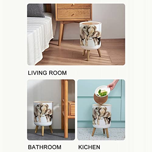 IBPNKFAZ89 Small Trash Can with Lid Watercolor Animals African Elephant with a Kid Sketch Garbage Bin Wood Waste Bin Press Cover Round Wastebasket for Bathroom Bedroom Kitchen 7L/1.8 Gallon