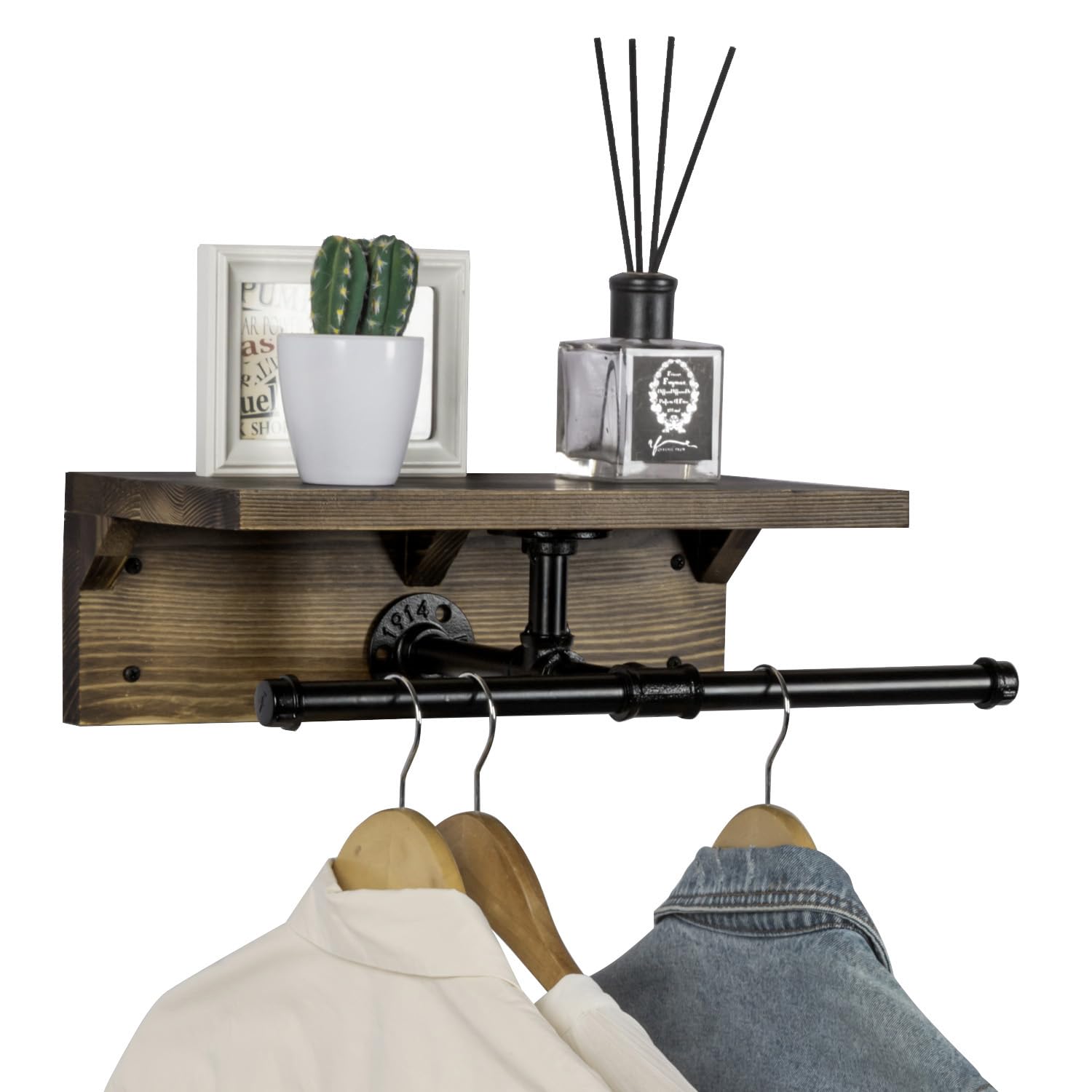 MyGift Wall Mounted Garment Rack with Top Rustic Burnt Solid Wood Shelf, Industrial Matte Black Metal Pipe Storage Clothing Hanger Rod and Display Shelf