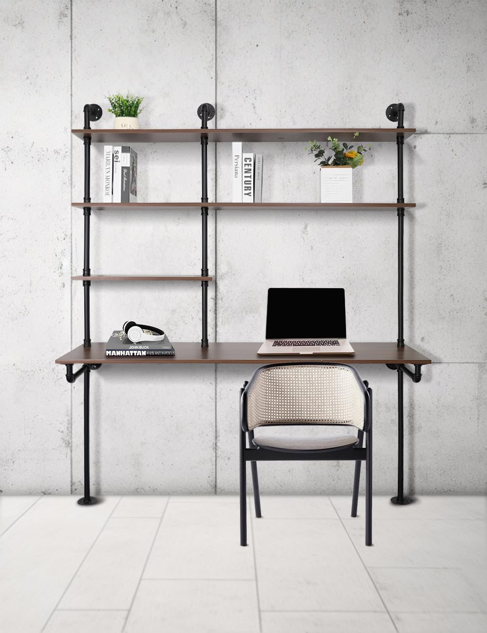 OLDRAINBOW Ladder Desk with Shelves Floating Computer Desk,Wall Mounted Laptop Desks for Small Spaces,Industrial Pipe Bookshelf Narrow Writing Desk