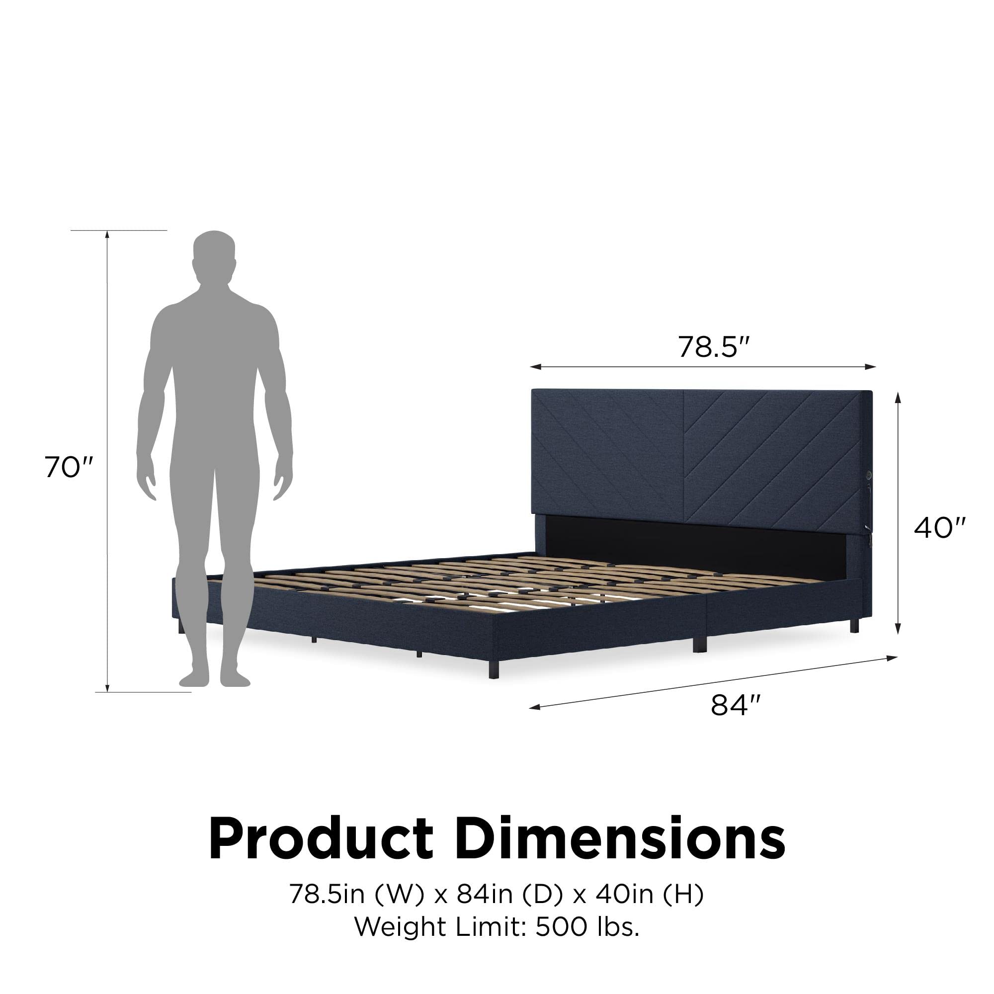DHP Mathias Upholstered Bed with USB, Dual Port with Power Adapter, King, Navy