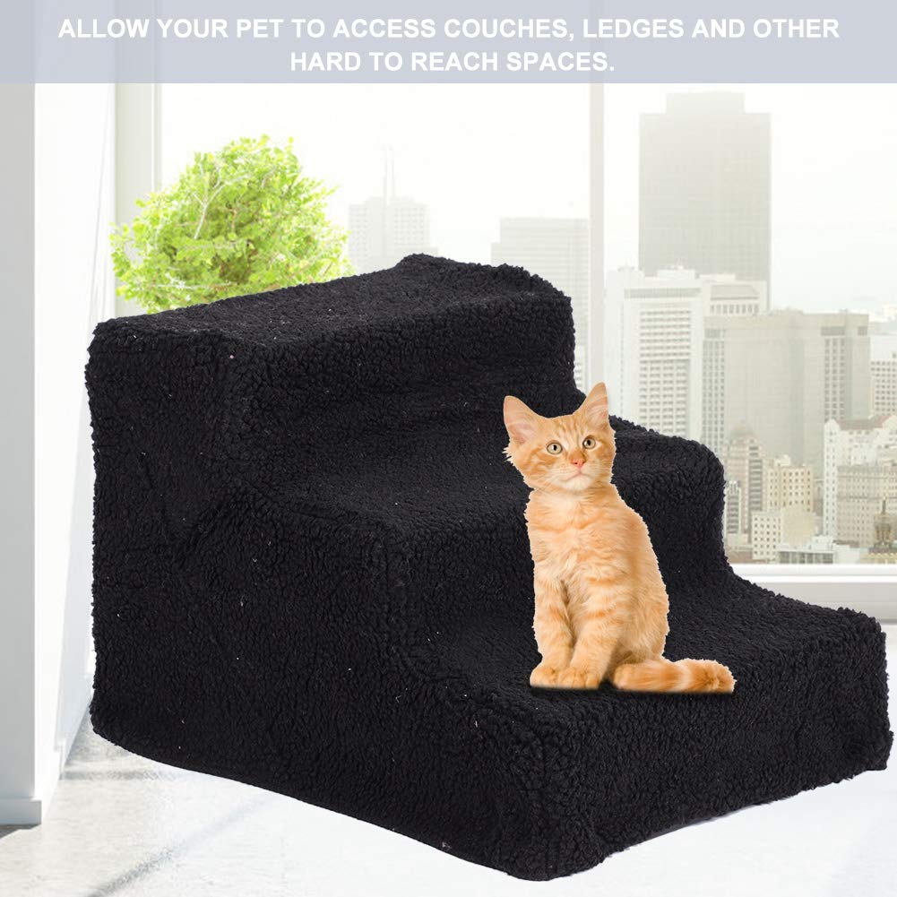 Felenny 3-Steps Easy Pet Stairs for Dog Cat Puppy Ramp Ladder with Removable Cover for High Bed Sofa Car (Black)