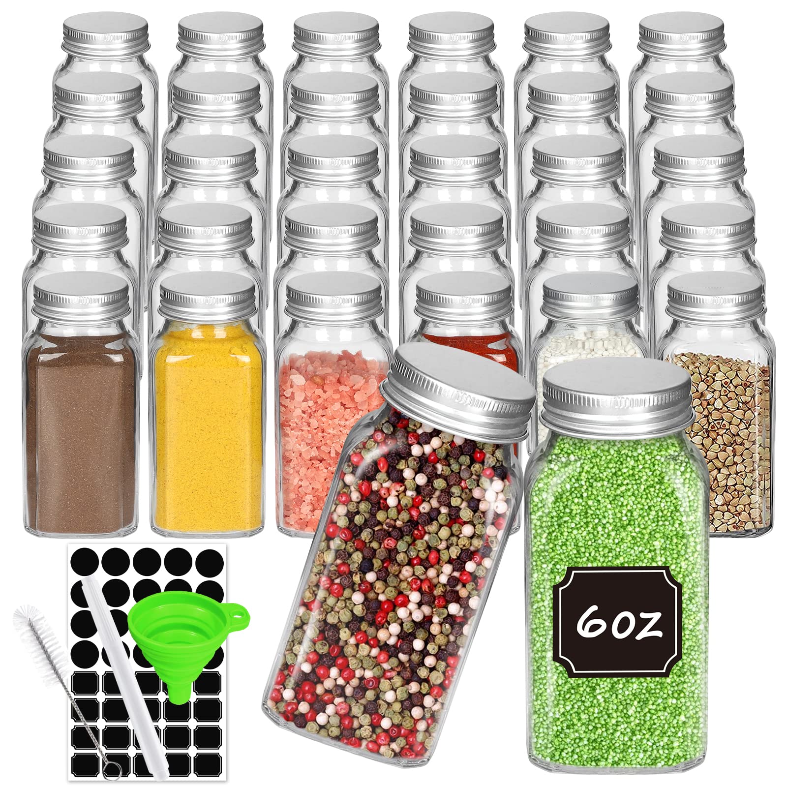 DHSBTLS 6oz Glass Spice Jars with Labels 30 Pcs, Empty Square Spice Bottles with Shaker Lids and Airtight Metal Caps,Chalkboard Marker and Silicone Collapsible Funnel Included