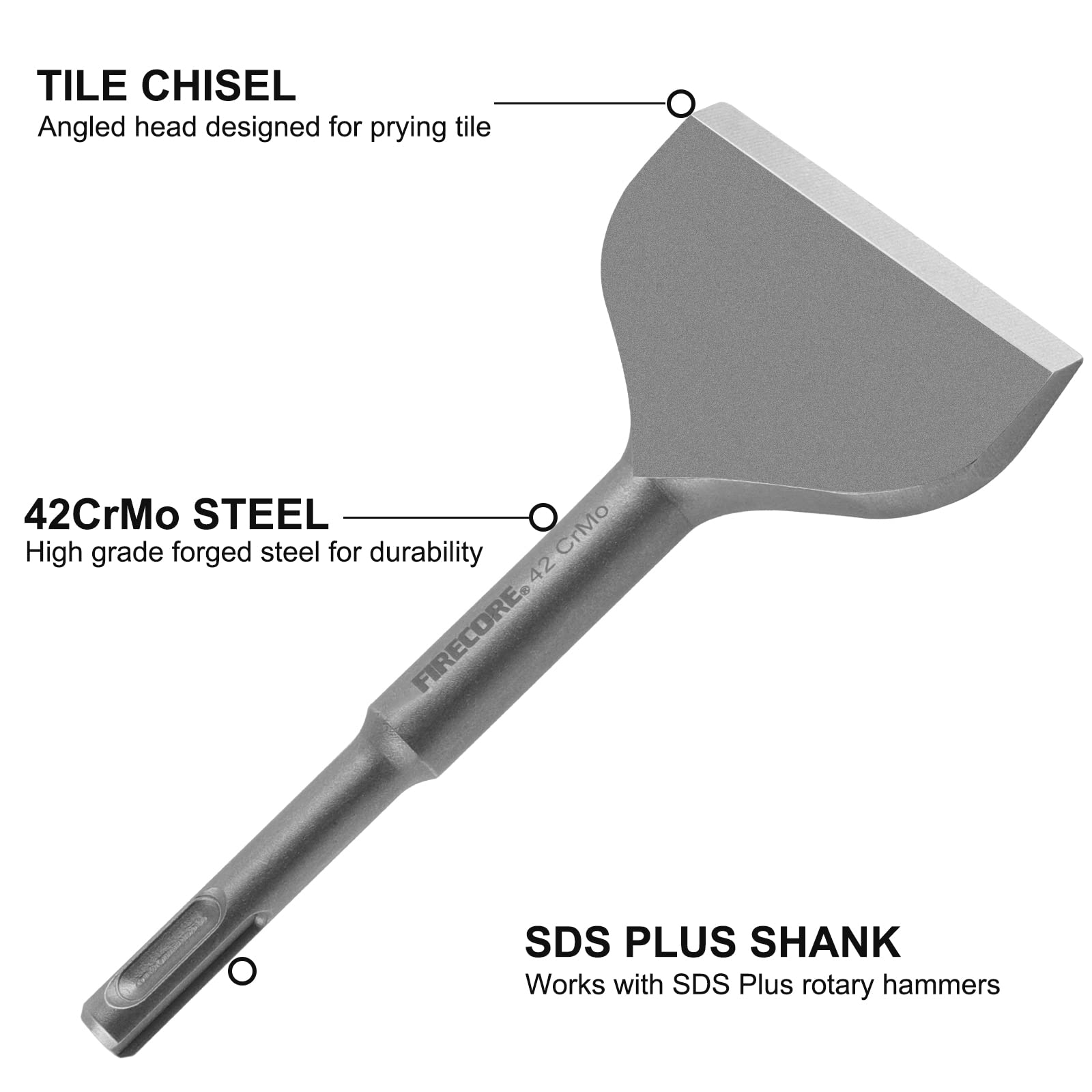 Firecore 3 In SDS Plus Chisel Bit Cranked Angled Bent Chisel for Hammer Drill 42CrMo Tile Removal Chisel for Concrete (3" X 6.5") -FS22365