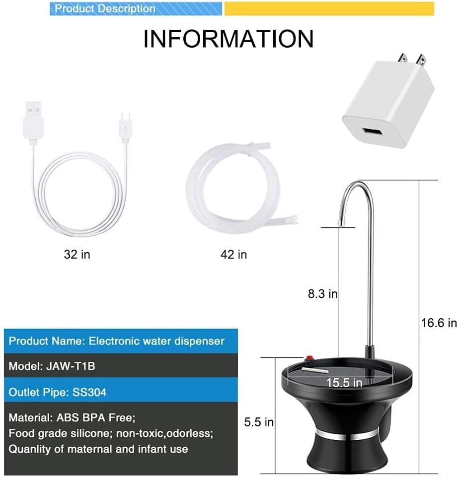 Drinking Water Dispenser Pump, Automatic Electric Drinking Water Bottle Pump for 1-5 Gallon Water Jugs, USB Rechargeable with 2 Switch Control, Stable and Portable for Home, Kitchen, Office, Camping