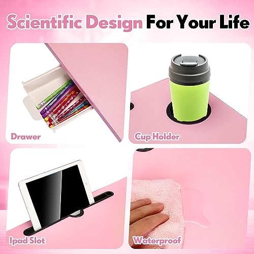 Sintuff 2 Pcs Laptop Bed Desk Foldable Lap Tray with Drawer Cup Holder Large Lap Desk Portable Bed Laptop Table for Breakfast Laptop Bed Tray for Writing Reading on Bed Low Sitting Floor (Black Pink)