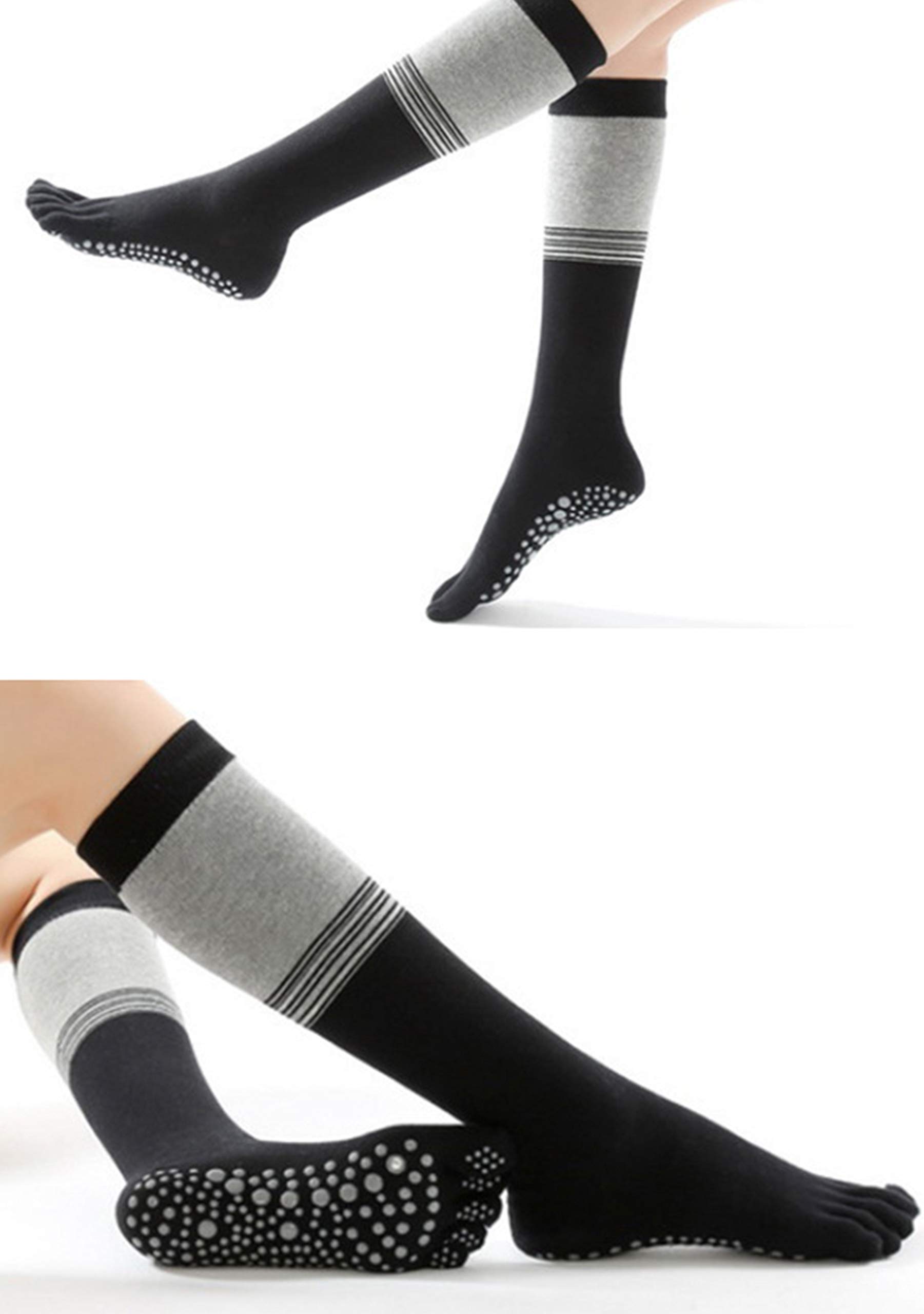 DIACACY Over Knee Non-Slip Skid Yoga Socks Five Toes Yoga Cotton Socks for Women BLK Stripe+BLK