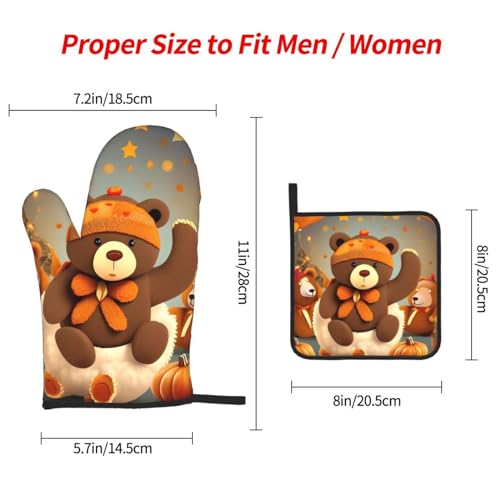 Dancing Thanksgiving Bear Oven Mitts and Pot Holders Set–Ultimate Heat Resistant Set for Kitchen and Dining