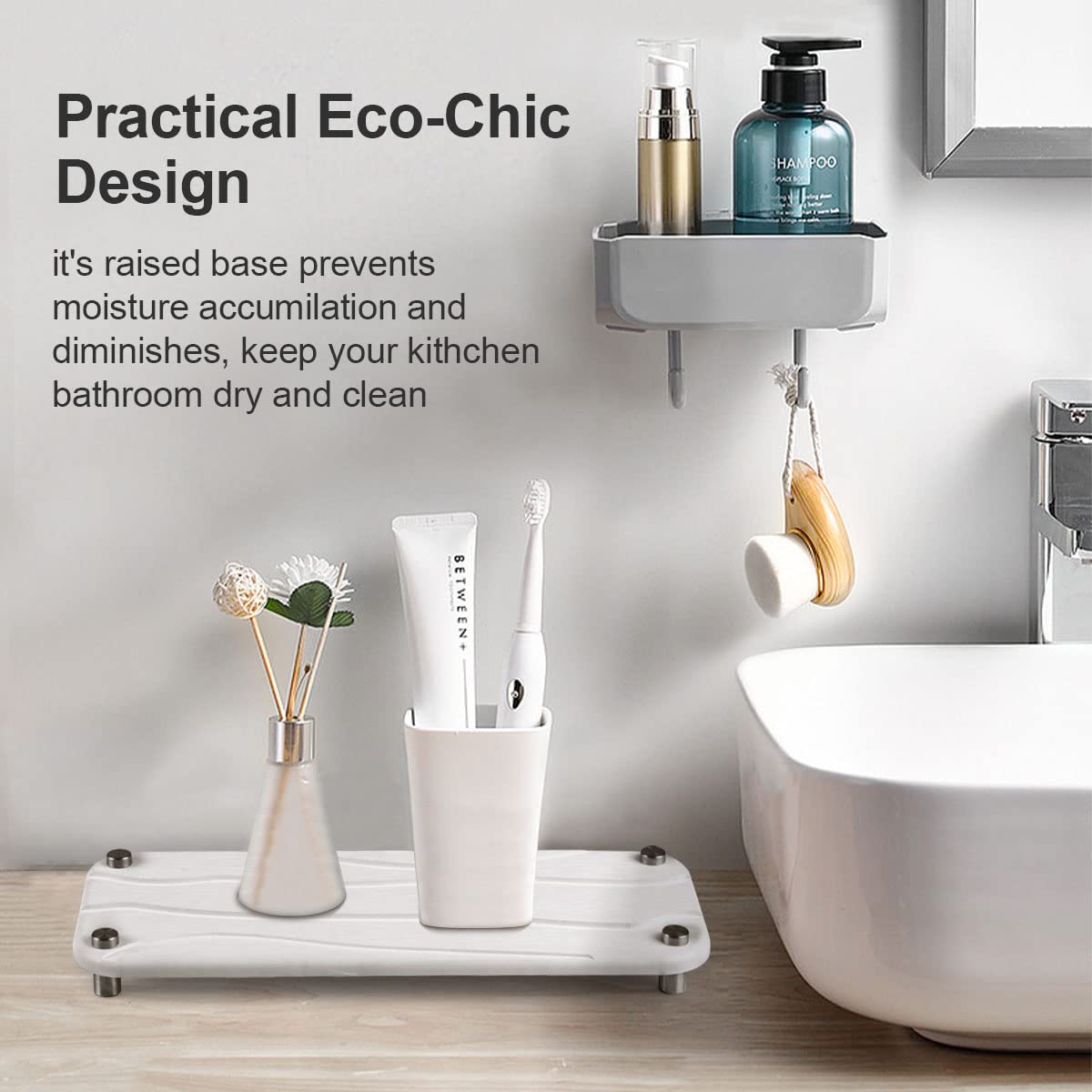 Fellibay Home Quick Dry Sink Organizer, Fast Drying Diatomaceous Earth Stone Sink Tray, Diatomaceous Earth Bathroom Kitchen Sink Organizer Lotions Bottle Drying Rack (White)