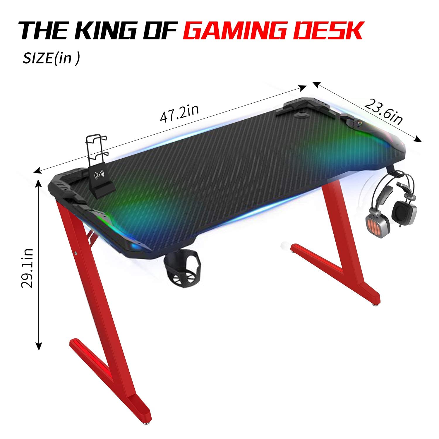 Dancing Wolf New Model Gaming Desk 47 inch with USB Gaming Handle Rack, RGB LED Light，Cup Holder & Headphone Hook (Red)