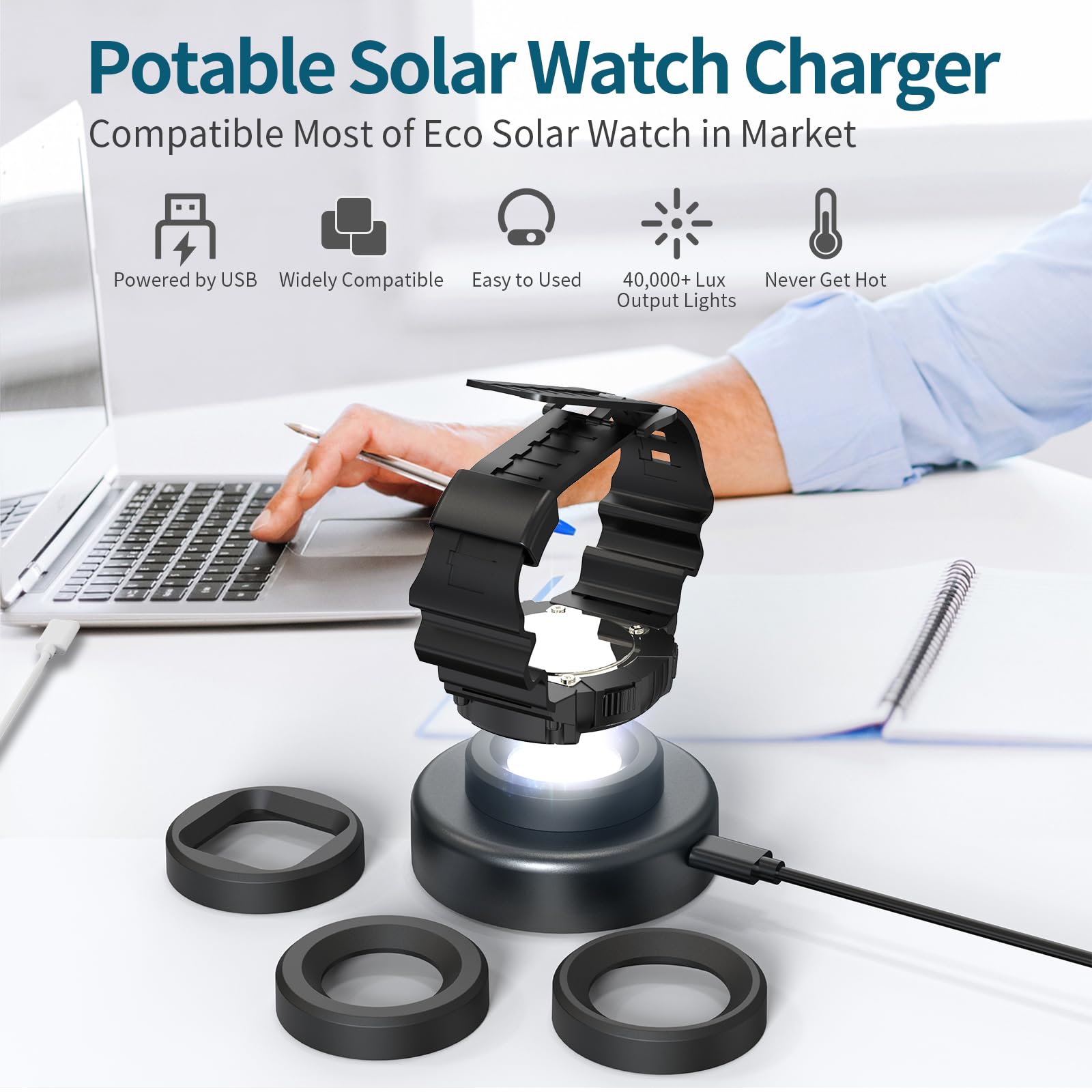 ECEEN Solar Watch Charger, 8 Hours Timing Off with Men, Women & Square 3 Caps, LED UV Light Charge Eco Driver Watches Compatible Casio/Tough/Protrek/Seiko/Citizen/Garmin/Timex/Bering/FANMIS (Black)