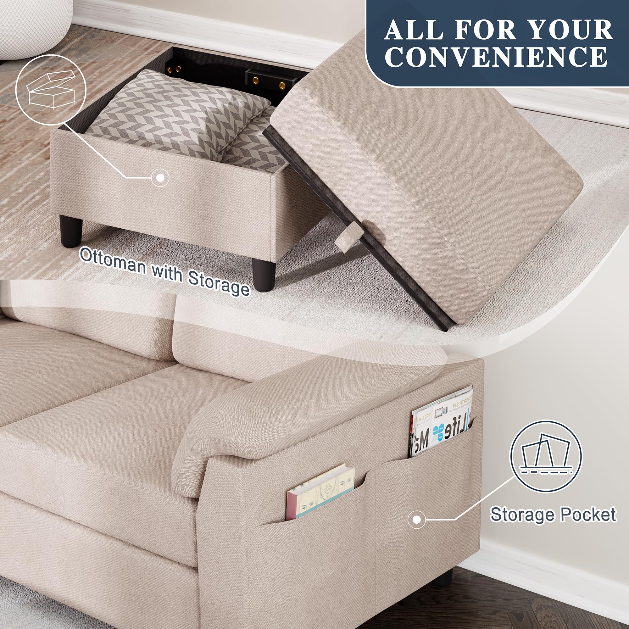 Meilocar 79" Modern Sectional Sofa Couch, Convertible L Shaped Couch with Reversible Ottoman, 3-Seat Sofa Sectional with Removable Armrest for Living Room, Apartment, Small Space, Beige