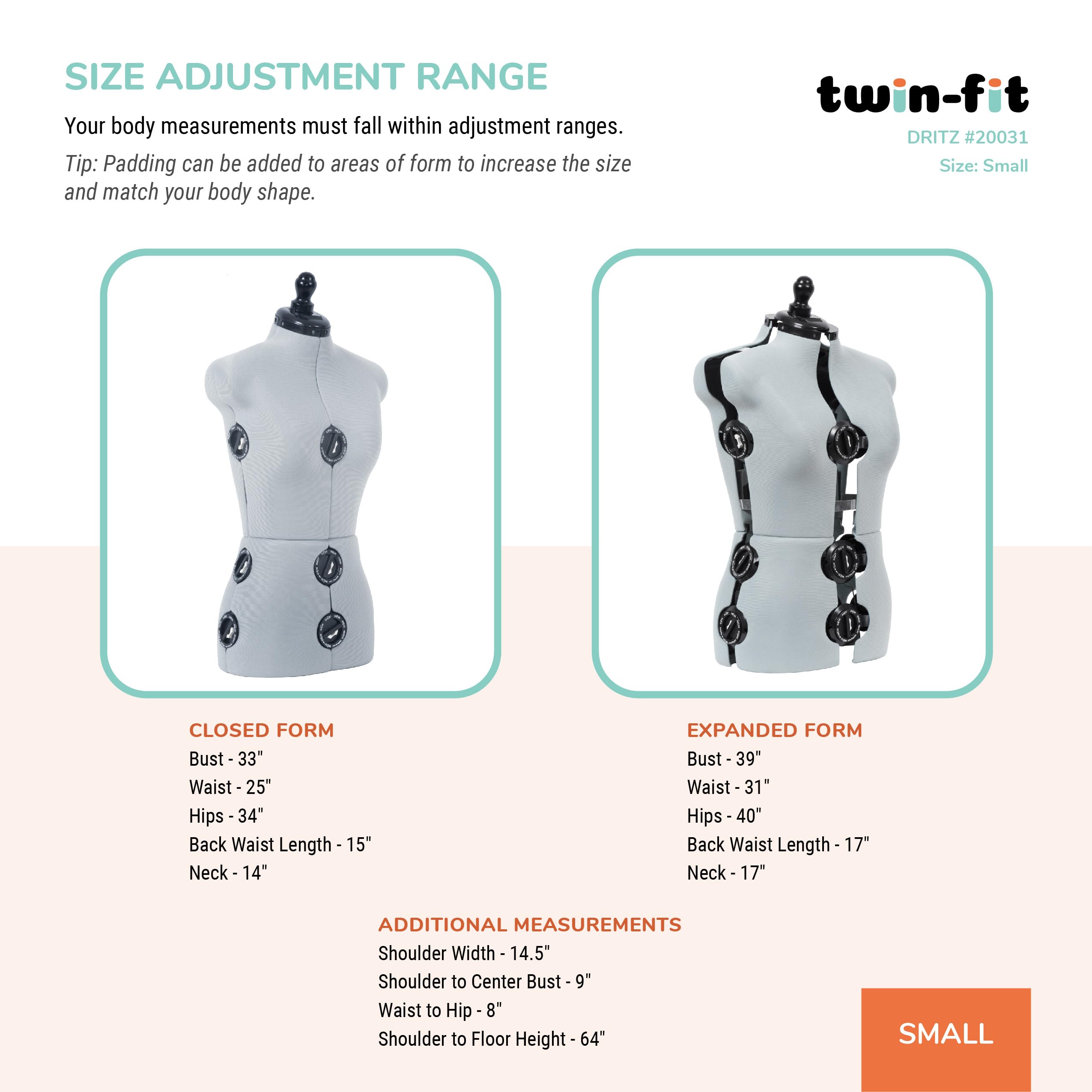 Dritz Twin-Fit Adjustable Dress Form, Small, Silver Gray