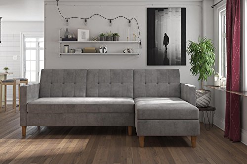 DHP Hartford Storage Sectional Futon with Interchangeable Chaise, Space-saving Design with Multi-position Back, Wooden Legs, Light Grey Chenille